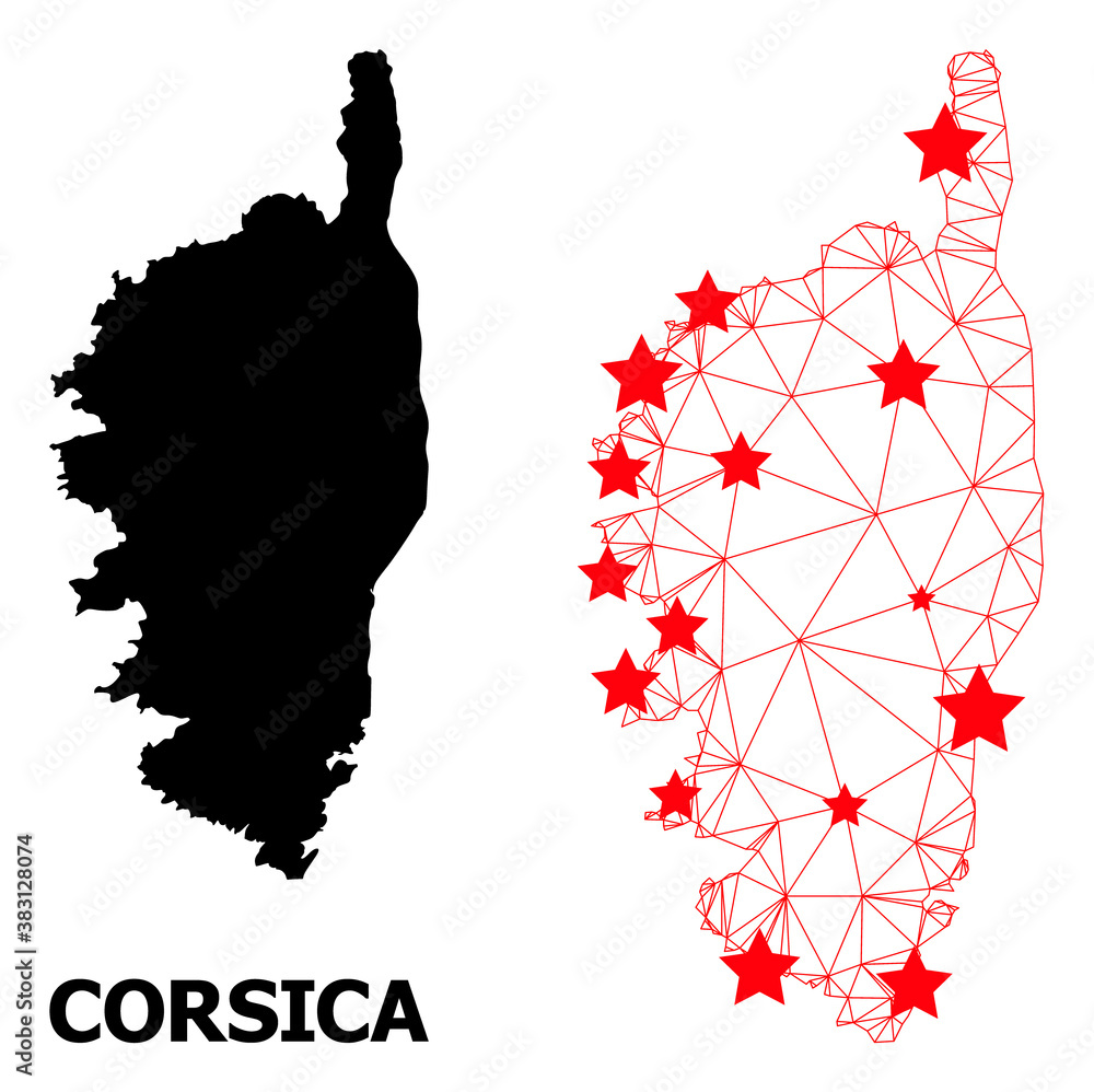 Wire frame polygonal and solid map of Corsica. Vector model is created ...