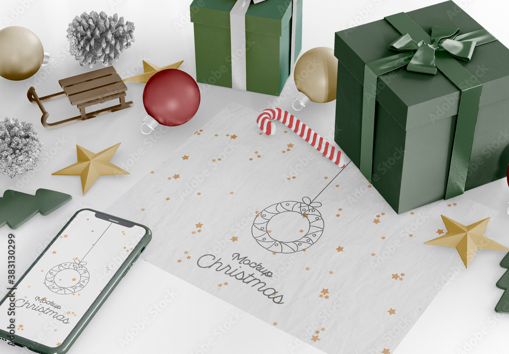 Smartphone, Christmas Card and Ornaments Mockup Stock Template | Adobe ...
