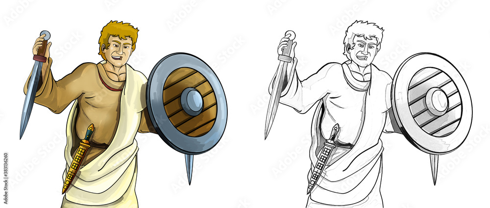 cartoon sketch scene with roman or greek ancient character warrior or ...