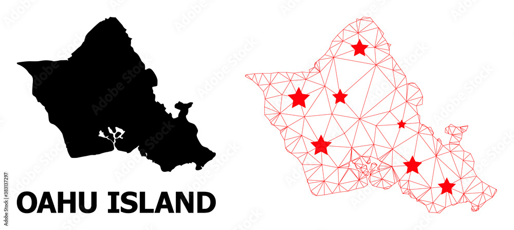 Carcass polygonal and solid map of Oahu Island. Vector structure is ...
