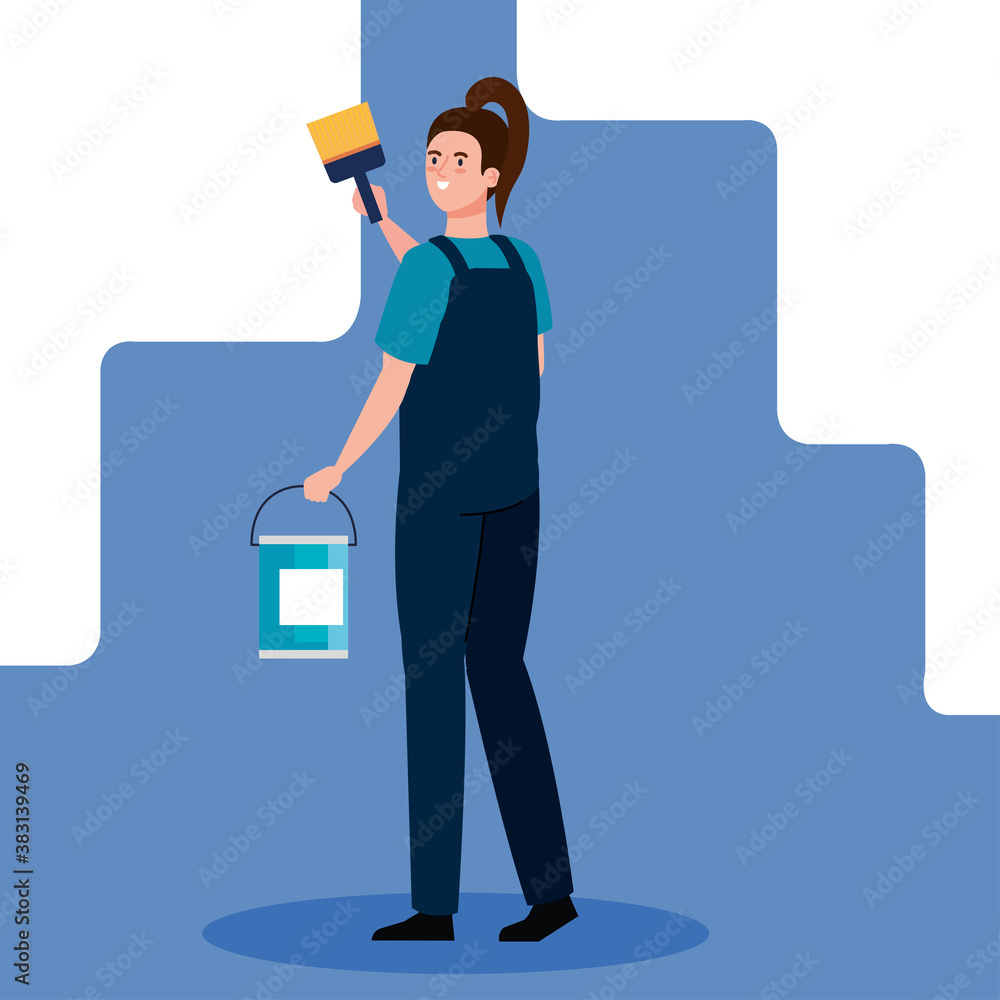 woman cartoon painting with brush and bucket design of remodeling ...
