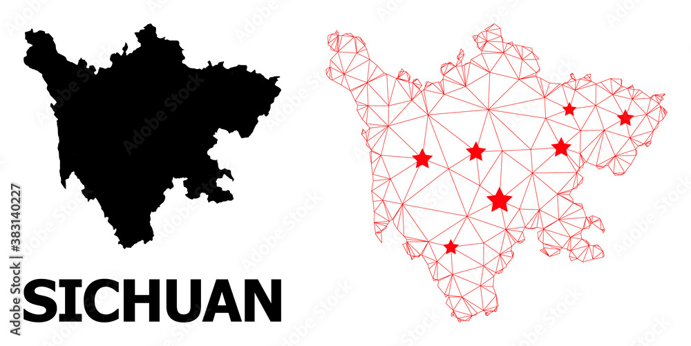 Carcass polygonal and solid map of Sichuan Province. Vector model is ...