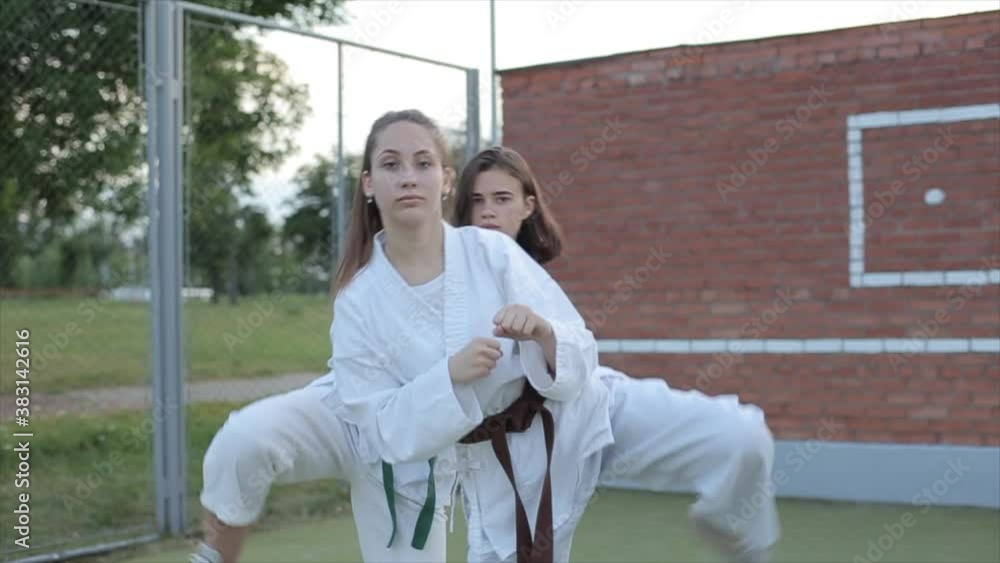 Two young women in kimonos demonstrate kicking while practicing karate ...