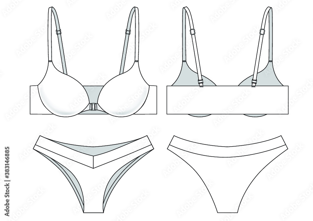 Underwear set technical illustration. Editable bra and cheeky panty ...