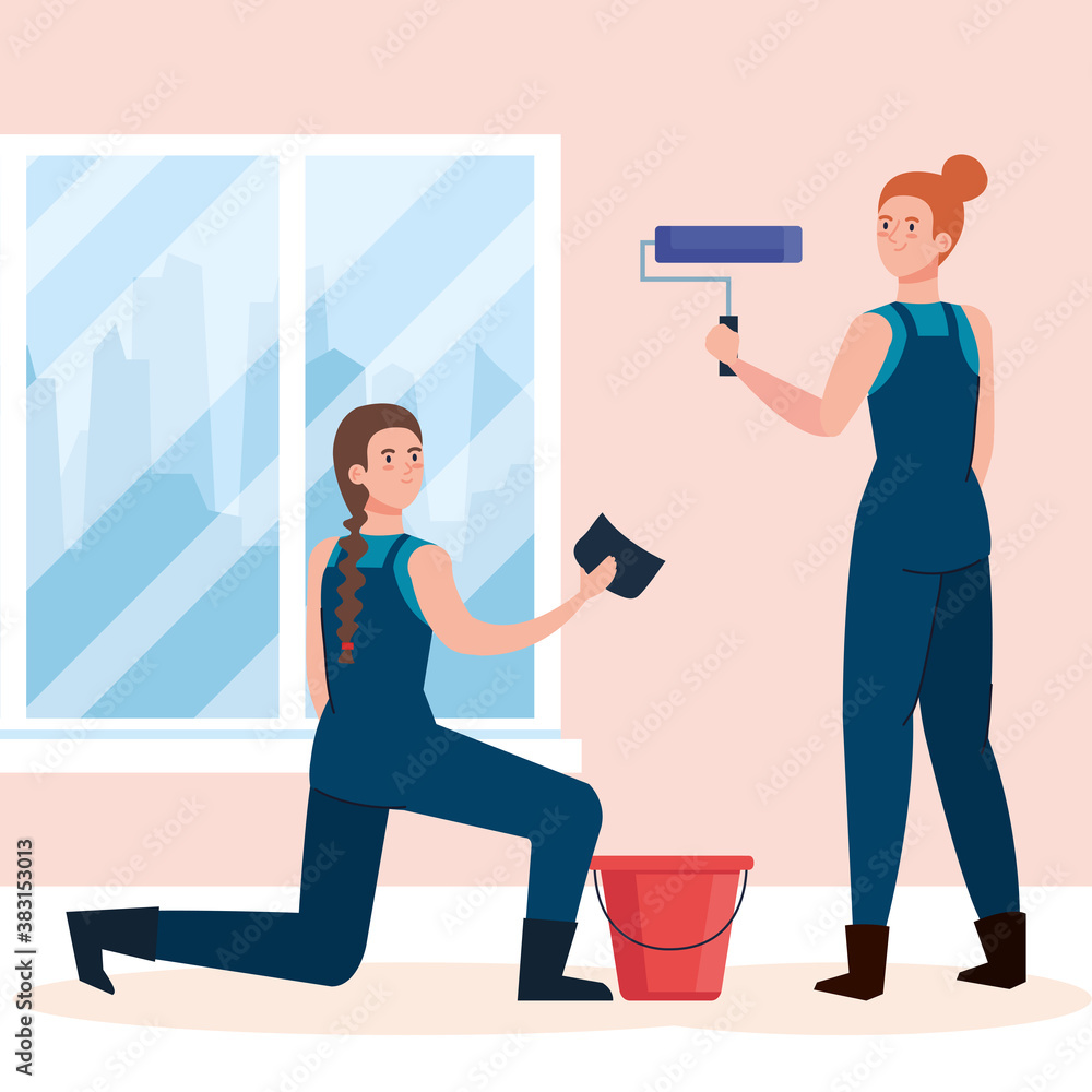 women cartoons painting with roll sponge and bucket design of ...