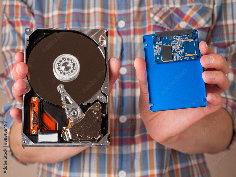 Foto de different types of computer drives, hard disk drives and SSD ...