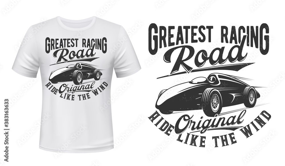 Vintage racing roadster t-shirt vector print. Racer driving, going on ...
