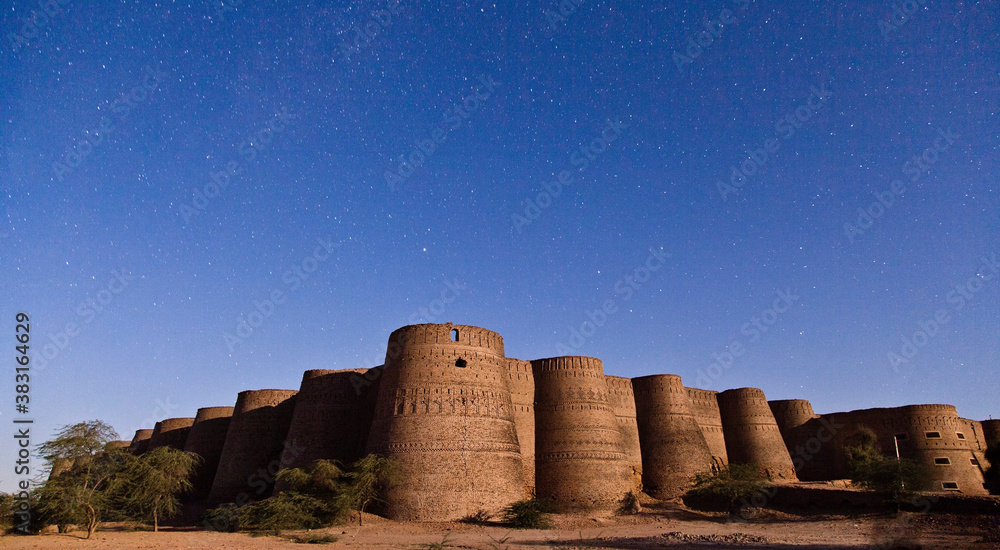 fort with stars and blue sky in moonlight, old fort in desert, derawar ...