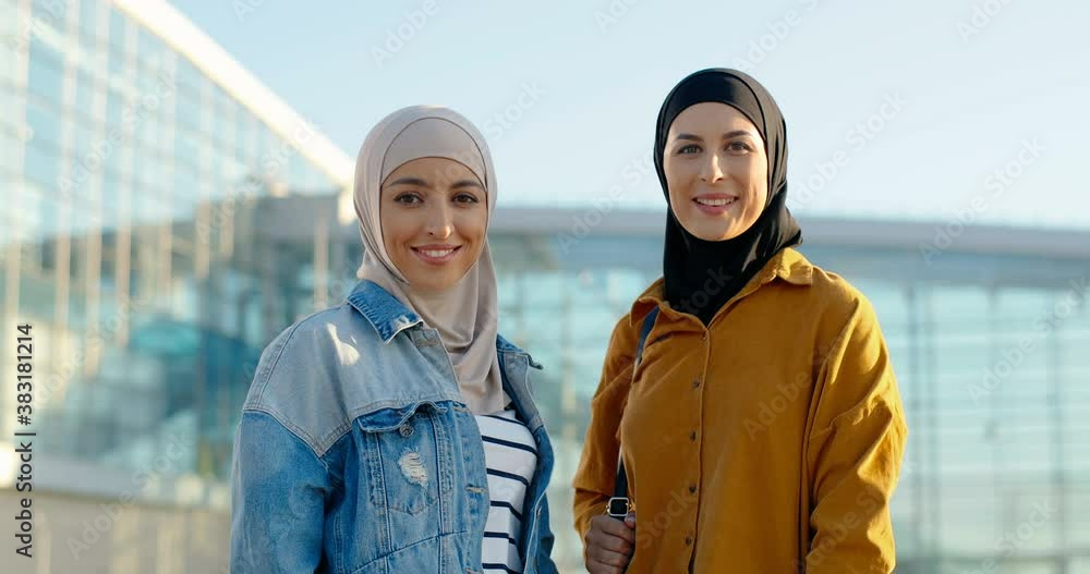 Portrait of young Arabic beautiful happy women in traditional ...