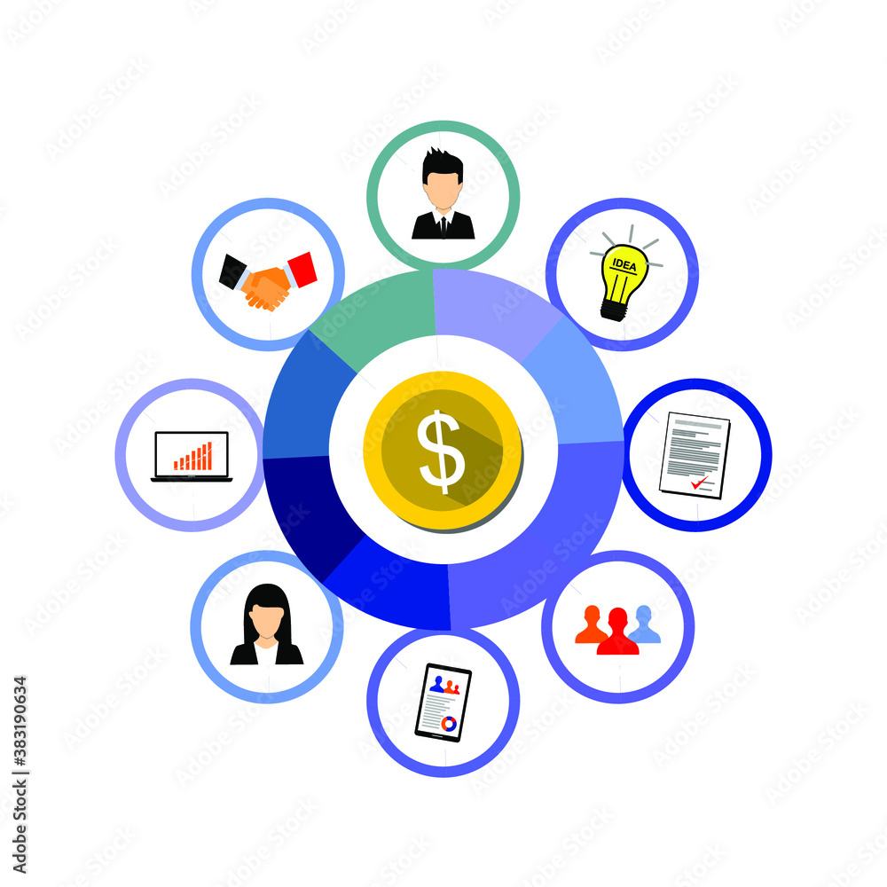 dollar coins with various business icons, infographic, profit Stock ...
