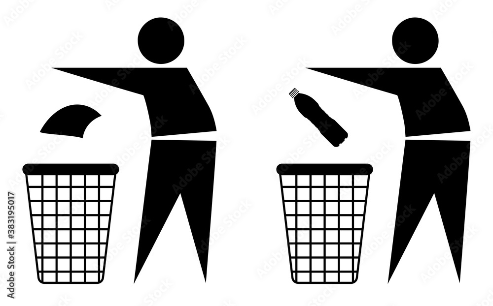 Tidy, stick man throws garbage into trash bin. Keeping order reminder ...