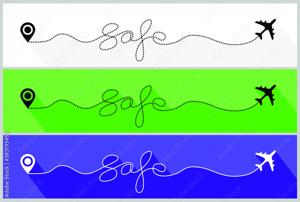 Safe airplane flight. Safety travel, safety flight. "Safe" text dashed ...