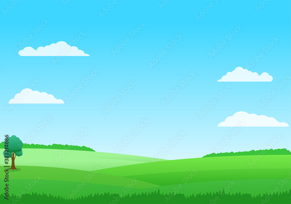 Simple and beautiful field landscape vector with green grass and blue ...