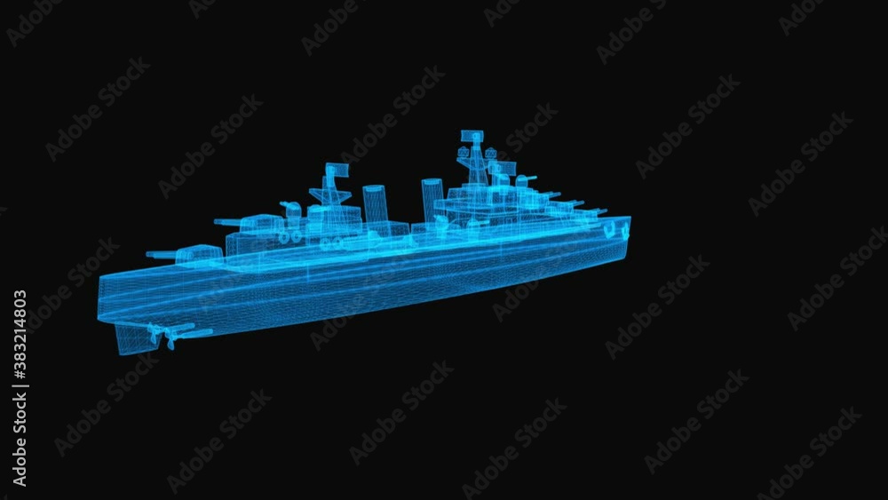 War ship wireframe scheme. 3d render with blue grid lines. Loop ...