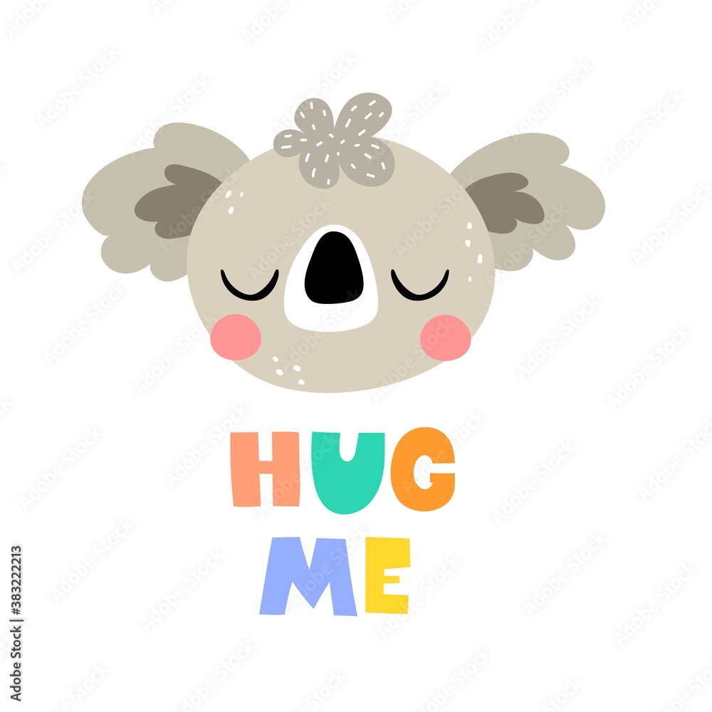 hug me. cartoon koala, hand drawing lettering. Colorful vector ...