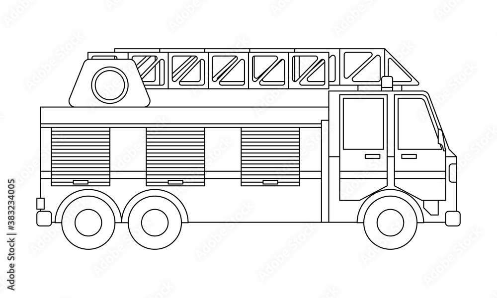 Fire engine side view outline isolated on white background. Coloring ...