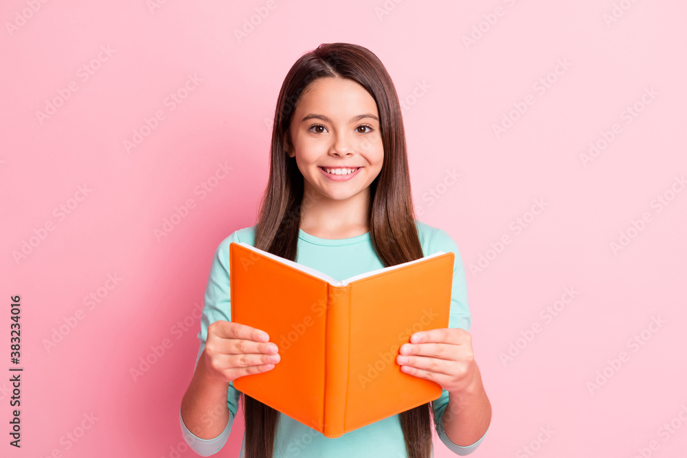 Photo of pretty sweet small hispanic lady long hairdo arms hold orange diary beaming shiny smile ...