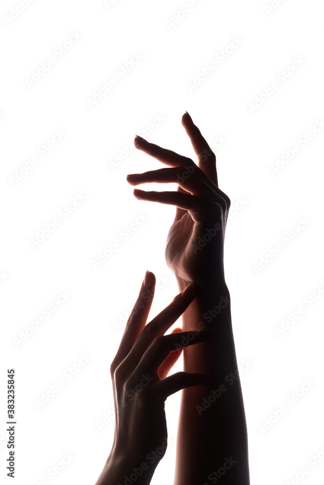 Hands silhouette. Hope forgiveness. Graceful woman arms reaching up ...