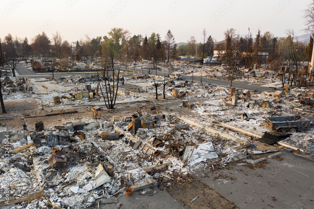 Aerial view of burned down houses from the 2020 Almeda wildfire in ...