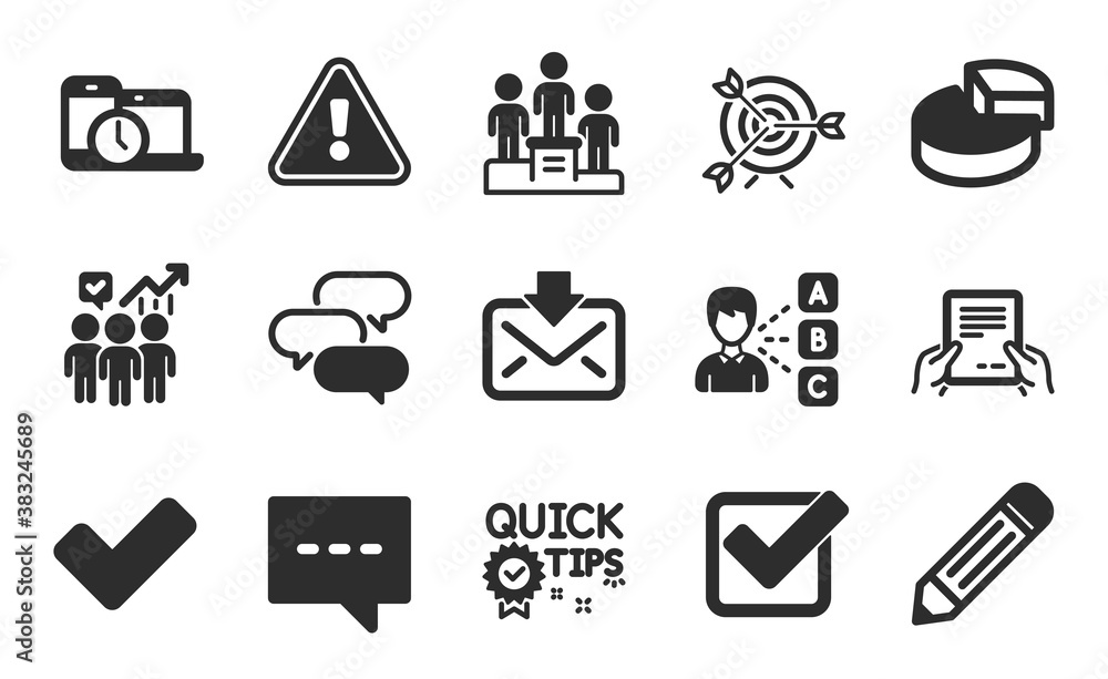 Target, Talk bubble and Business statistics icons simple set. Incoming mail, Quick tips and Time ...