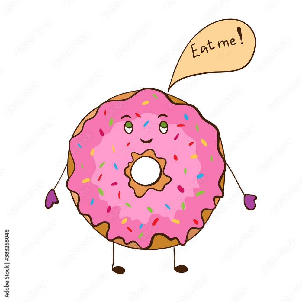 Cartoon donut with happy face and glaze, text "Eat me!". Vector food ...