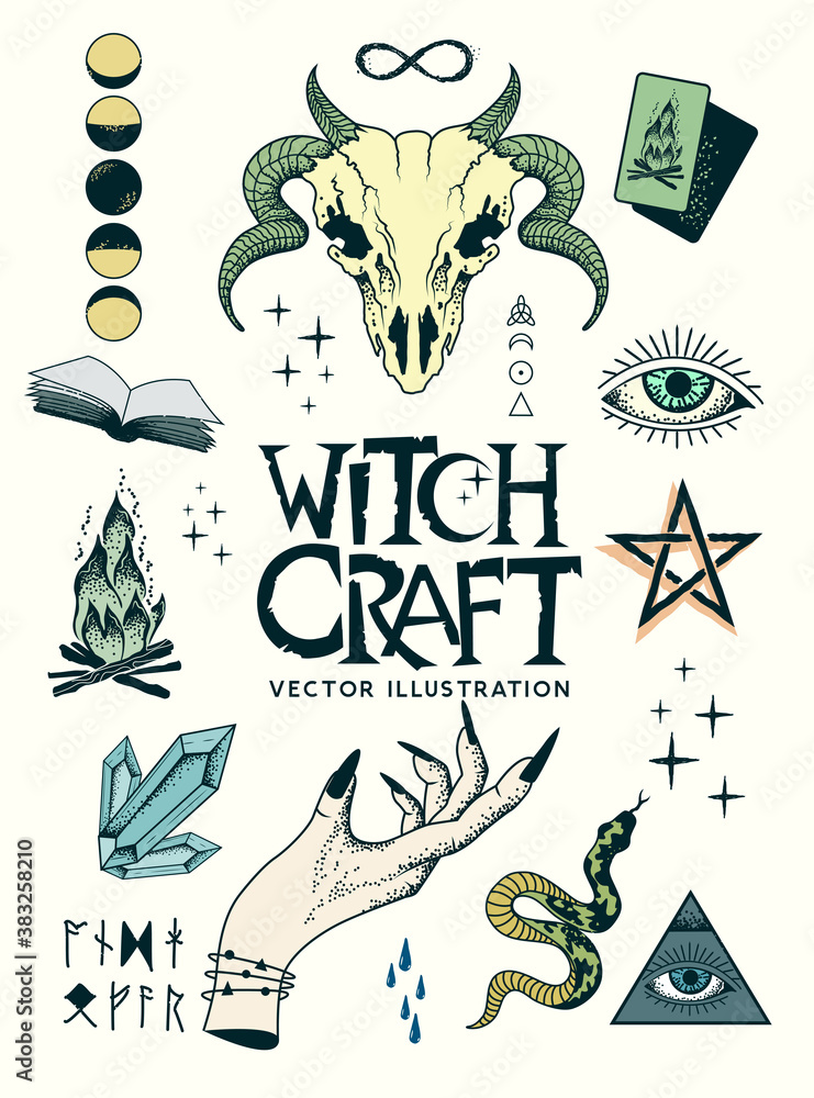 Occult witchcraft signs and symbols with charms, spells and runes ...