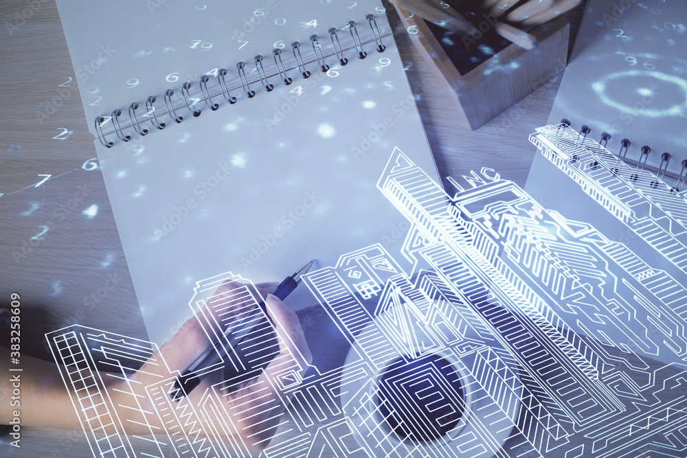 IOT drawing over writing hands in notepad background. Concept of smart ...
