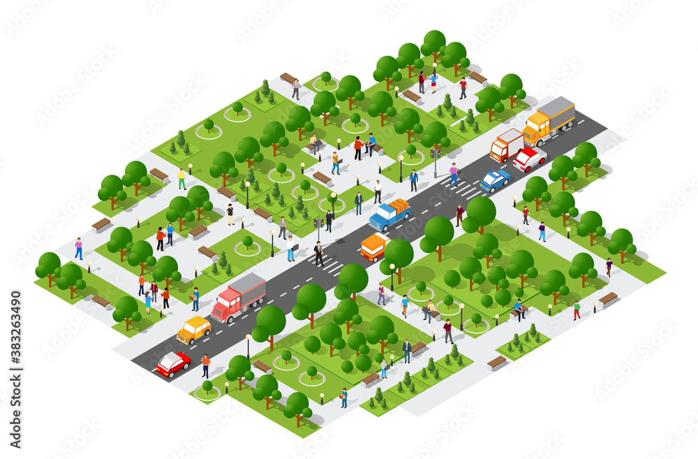 Vetor de Isometric people walking lifestyle socializing in urban do ...