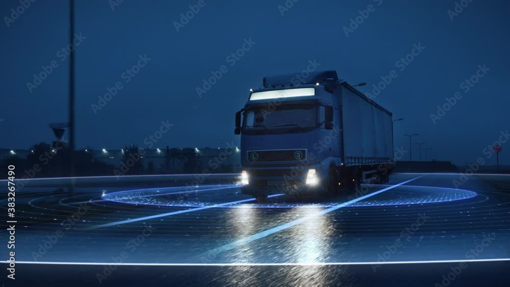 Futuristic Technology Concept: Autonomous Semi Truck with Cargo Trailer ...