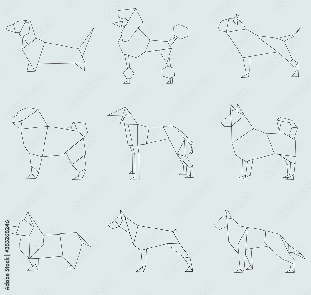 Set of black and white linear dog breeds icons. Origami style. Can be ...