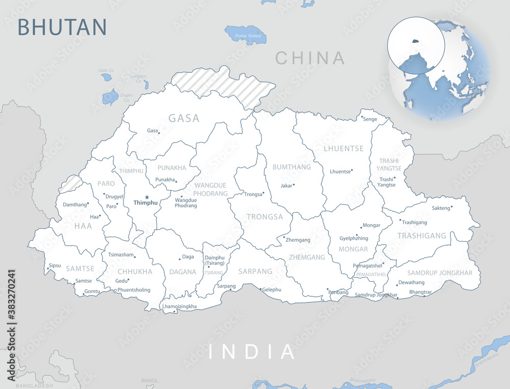Blue-gray detailed map of Bhutan administrative divisions and location on the globe. Vector ...