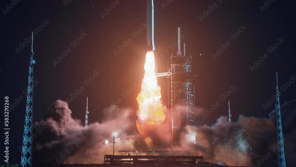 Launch Pad Complex at Night: Successful Rocket Launching with Crew on a ...