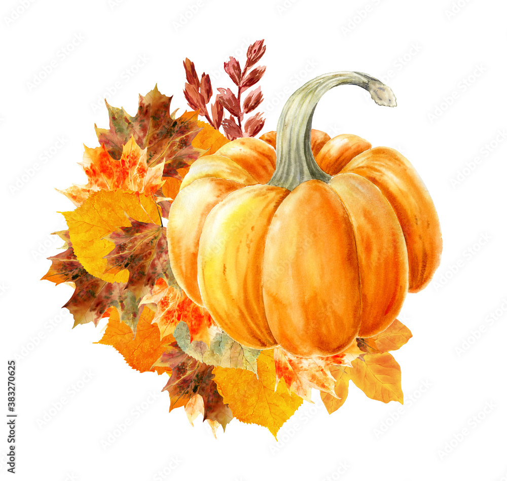 Autumn watercolor leaves clipart Pumpkin clipart fall watercolor Modern ...
