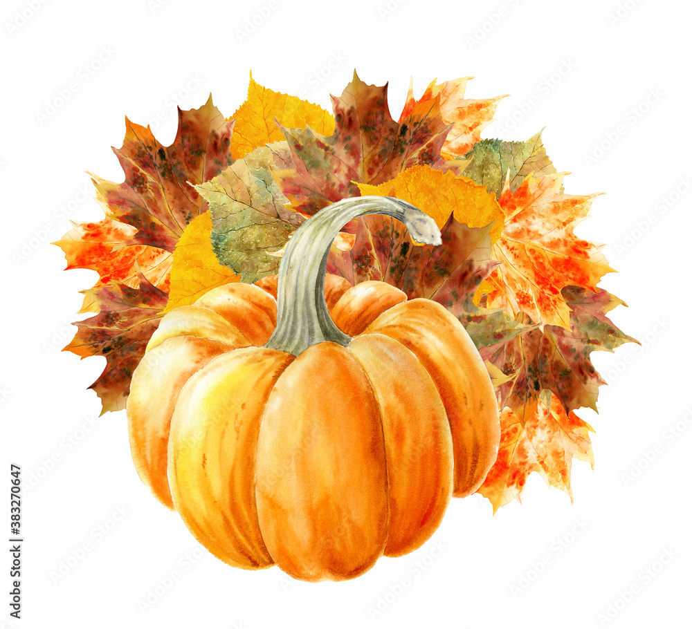 Autumn watercolor leaves clipart Pumpkin clipart fall watercolor Modern ...