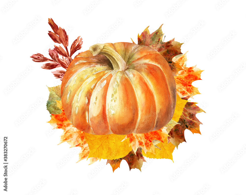 Autumn watercolor leaves clipart Pumpkin clipart fall watercolor Modern ...