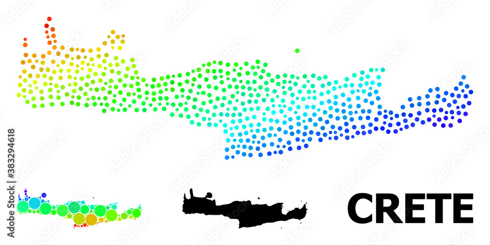 Pixelated spectral, and monochrome map of Crete Island, and black title ...