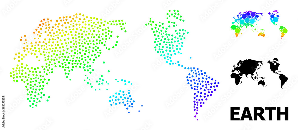Pixelated bright spectral, and solid map of Earth, and black caption ...