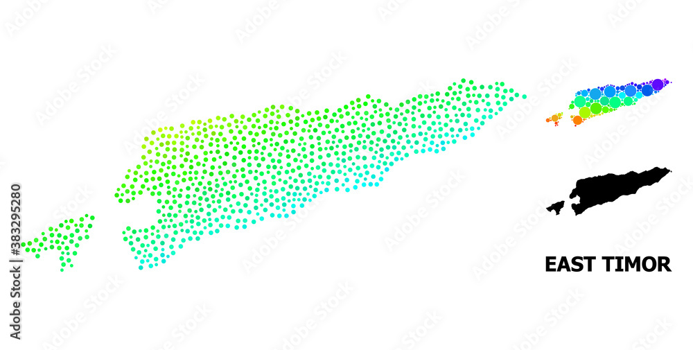 Pixelated spectral, and monochrome map of East Timor, and black caption ...