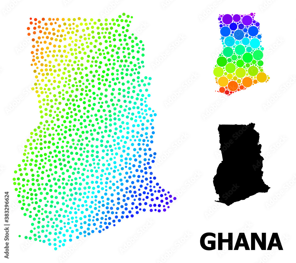 Vetor de Dot spectral, and monochrome map of Ghana, and black title ...