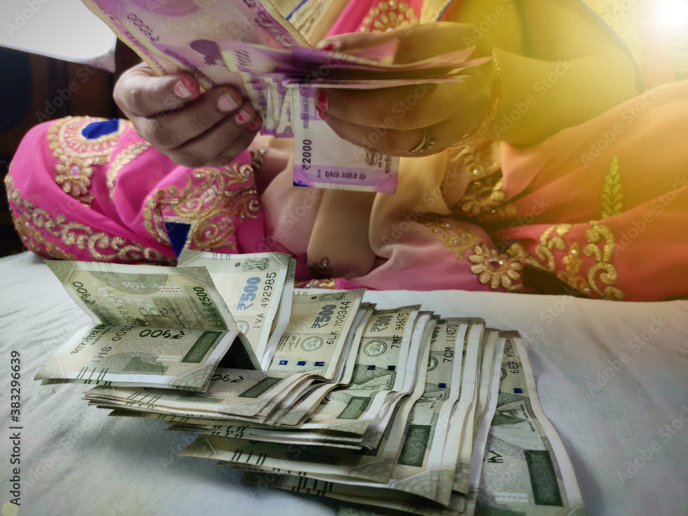 money notes counting by woman hands , indian rupees notes and coins ...