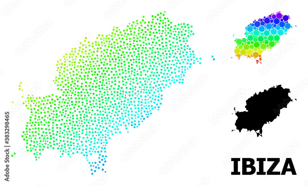 Pixel rainbow gradient, and monochrome map of Ibiza Island, and black ...