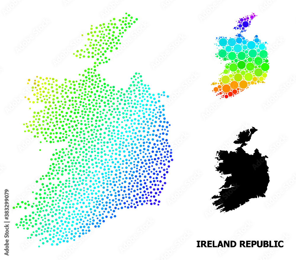 Dot bright spectral, and solid map of Ireland Republic, and black name ...