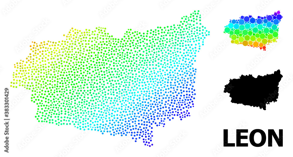 Pixelated spectrum, and monochrome map of Leon Province, and black name ...