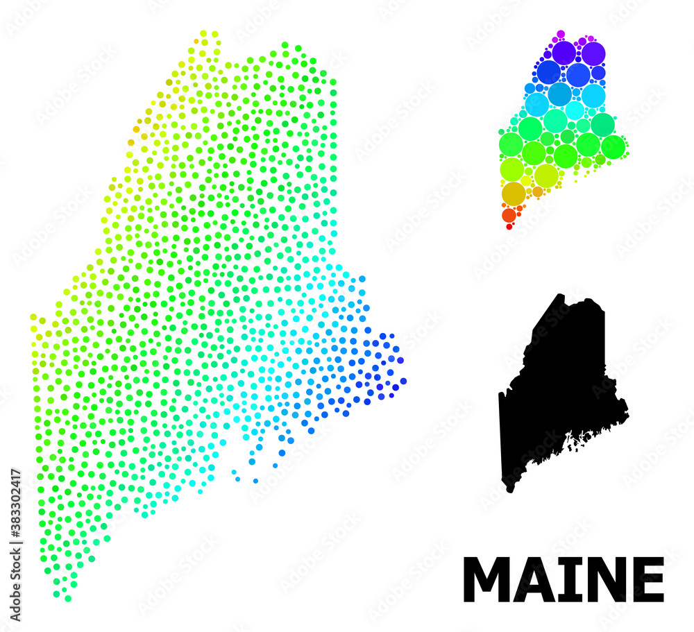 Dot rainbow gradient, and solid map of Maine State, and black name ...