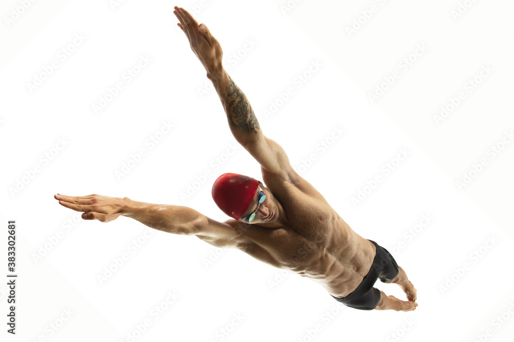 Dynamic. Caucasian professional sportsman, swimmer training isolated on ...