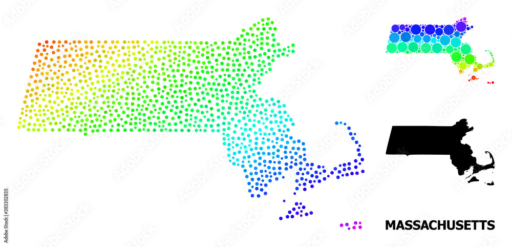 Dot spectrum, and monochrome map of Massachusetts State, and black ...