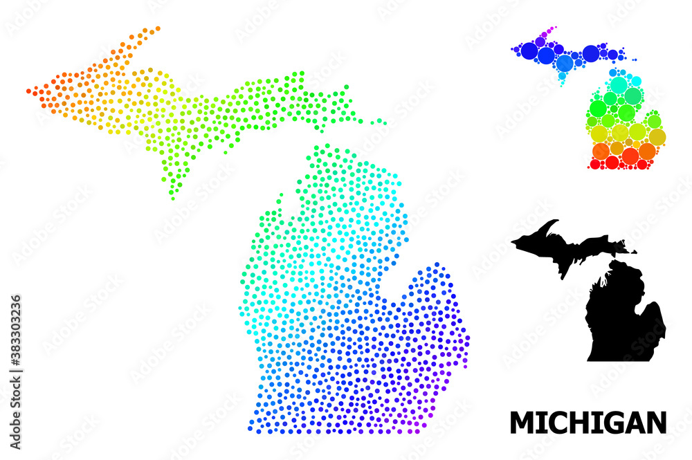 Dotted bright spectral, and monochrome map of Michigan State, and black ...