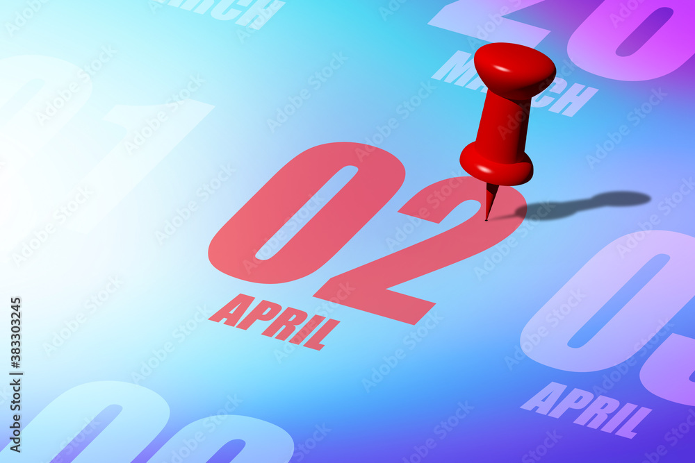 april 2nd. Day 2 of month, Red date written and pinned on a calendar to ...