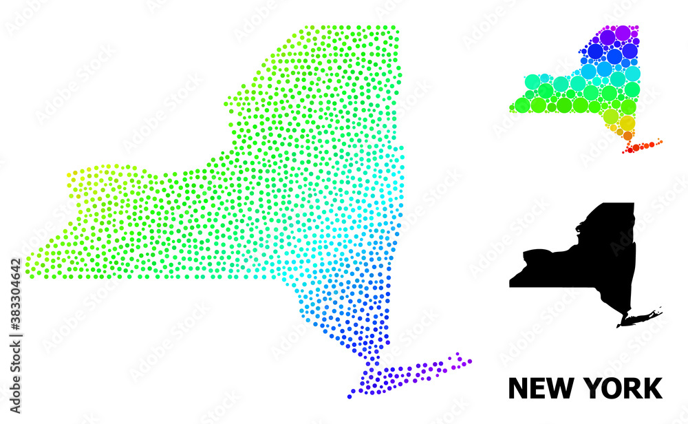 Pixel rainbow gradient, and solid map of New York State, and black ...