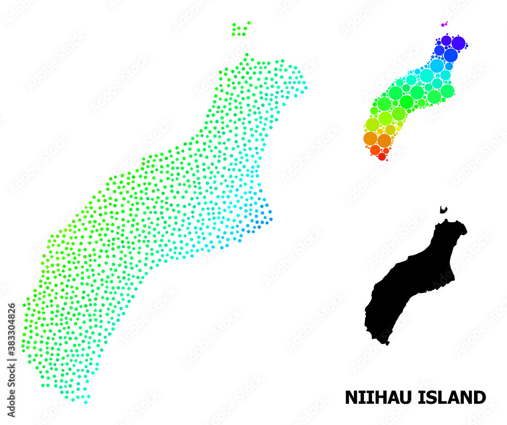 Pixelated bright spectral, and solid map of Niihau Island, and black ...